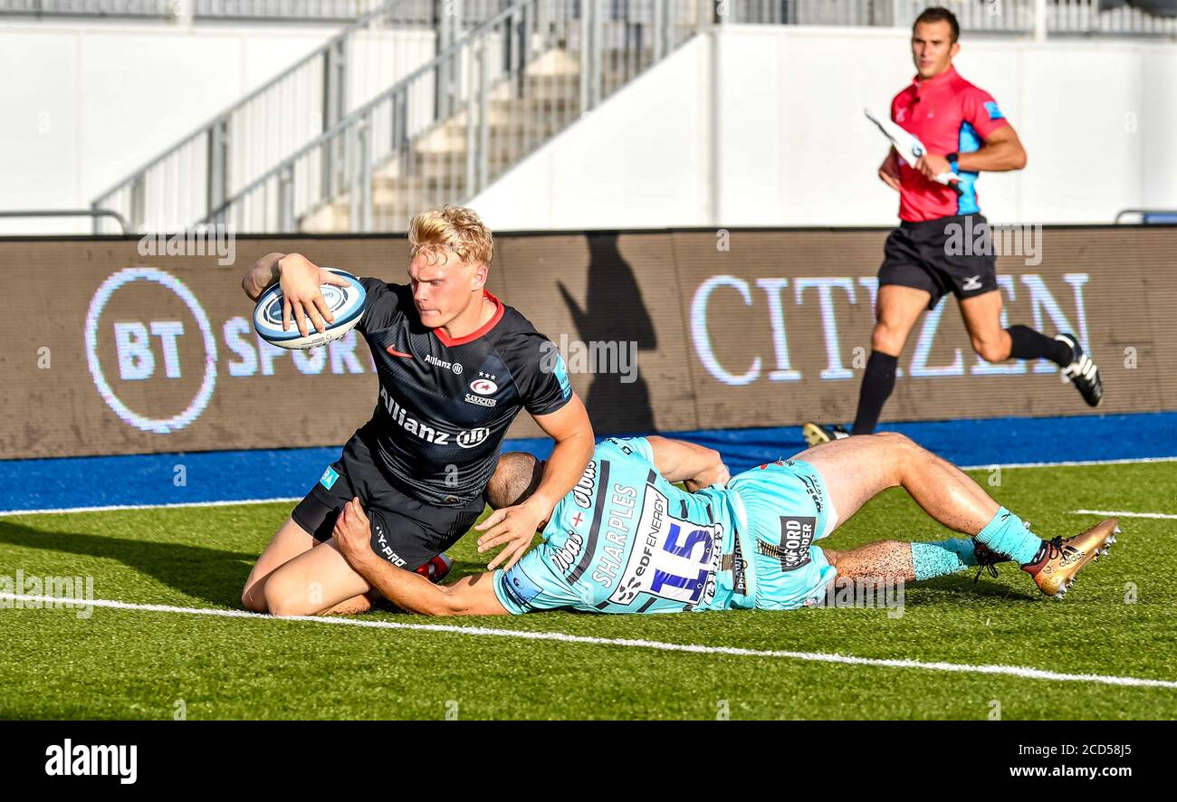Londres, Royaume-Uni. 26 août 2020. Ben Harris, de Saracens, a obtenu ...
