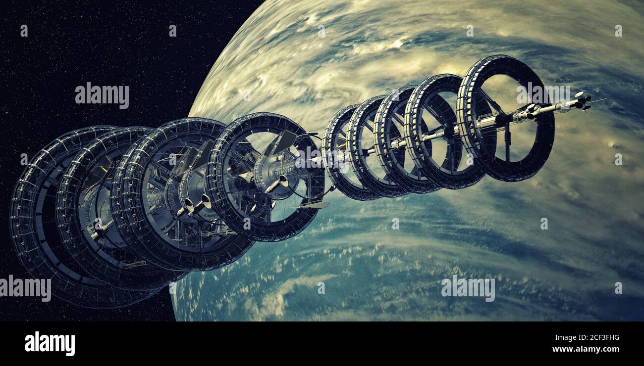 Vaisseau spatial futuriste Scifi dans un espace profond. Rendu 3d haute ...