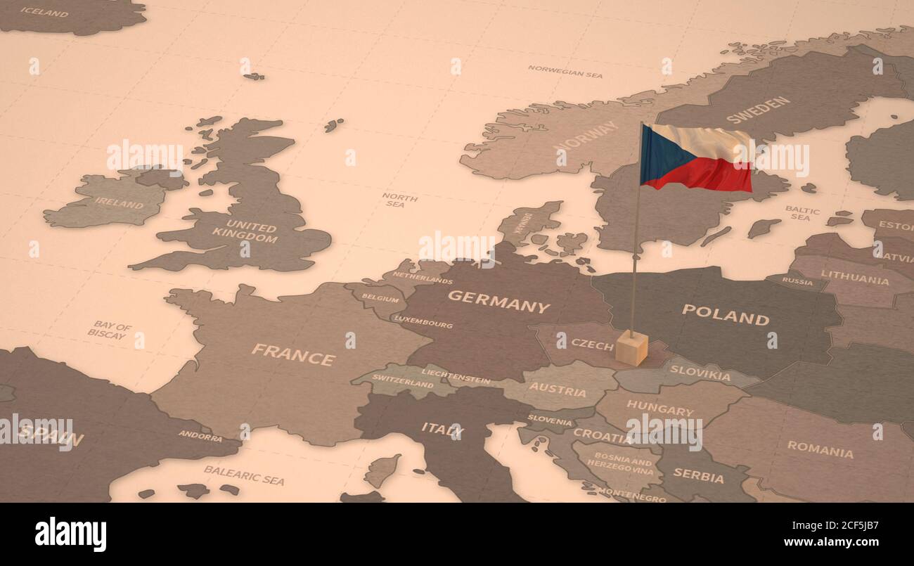 Drapeau sur la carte du Tchèque. Carte d'époque et drapeau des pays ...