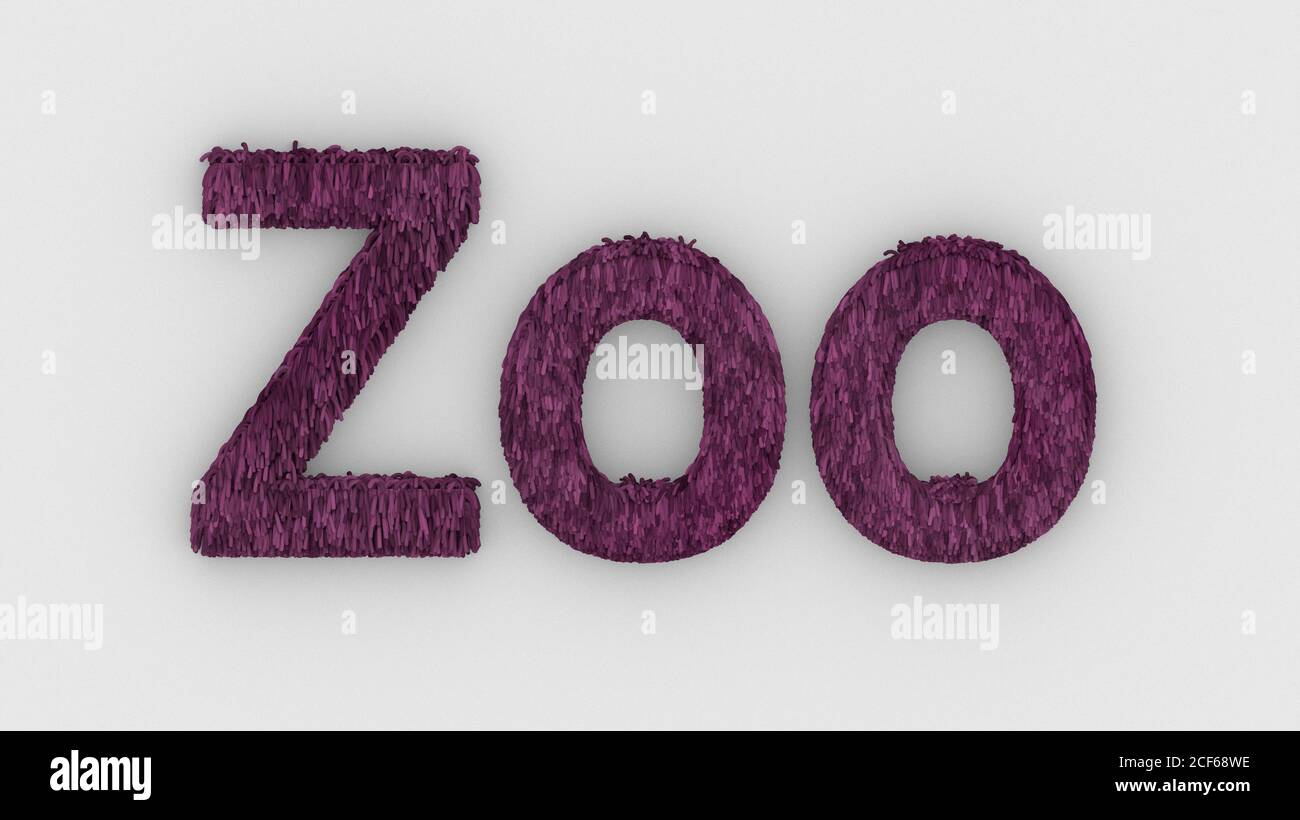 Zoo - mot 3d rose sur fond blanc. Rendu des lettres furry. Animaux ...