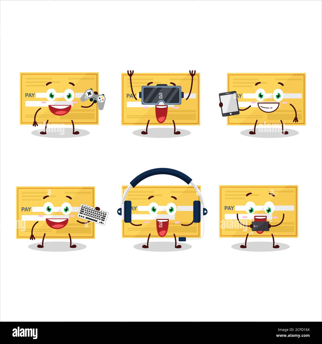 Le personnage de dessin animé de papier de chèque de paiement joue à ...