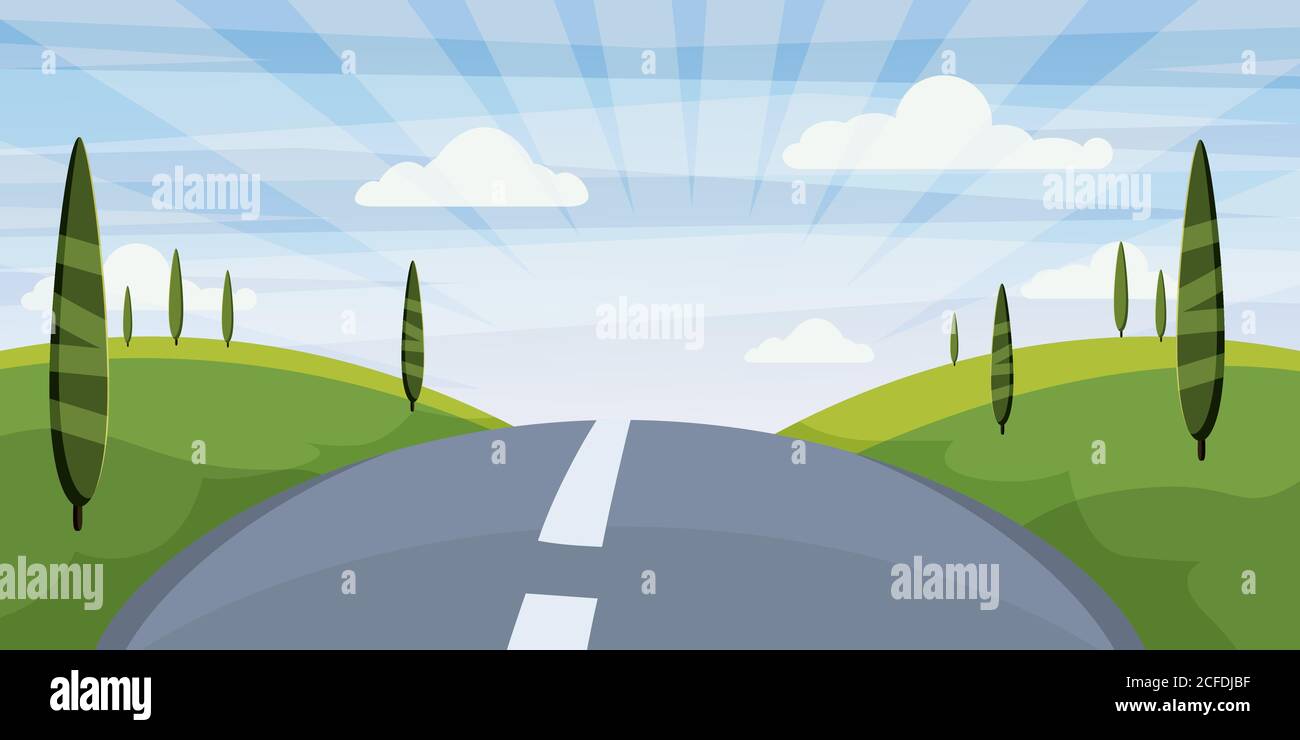 Paysage de dessins animés avec route, chemin et été, mer, soleil ...