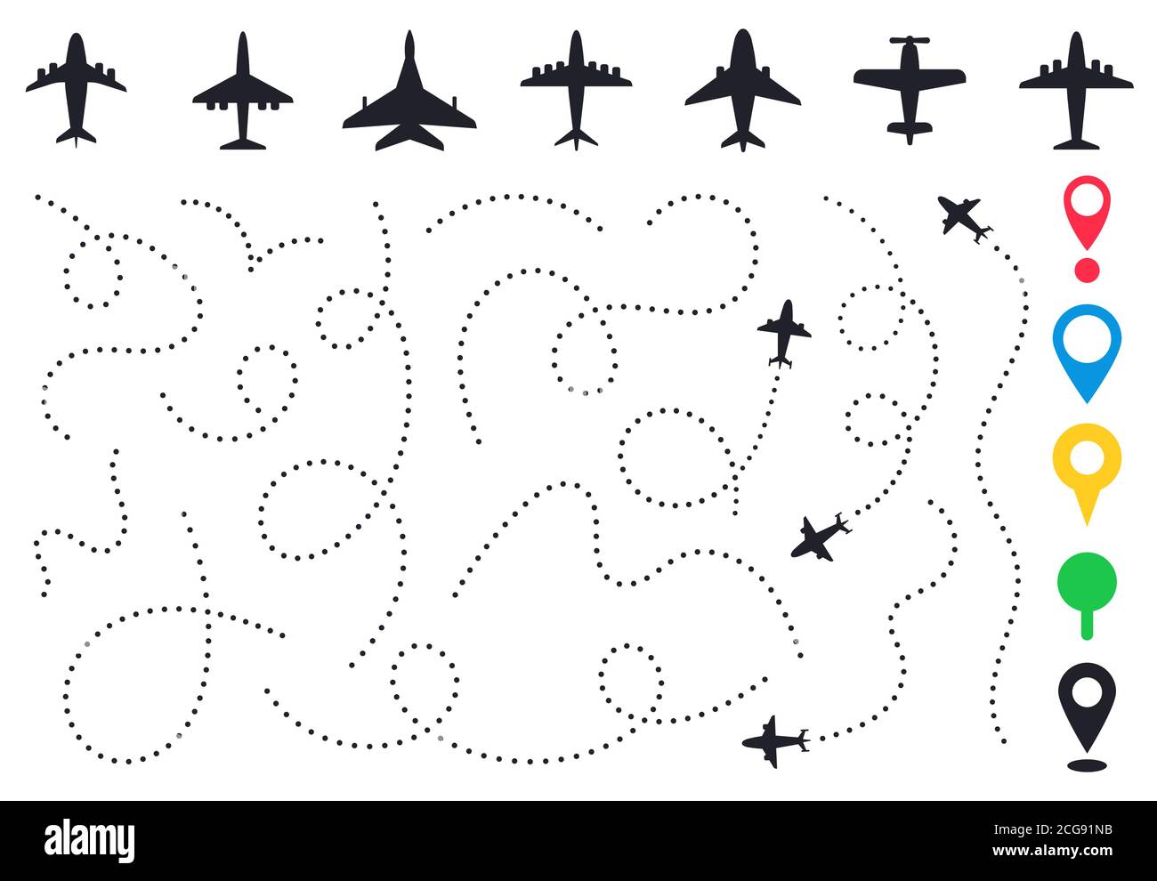 Ligne de routage plane. Avions chemin de vol en pointillé, trajet de ...