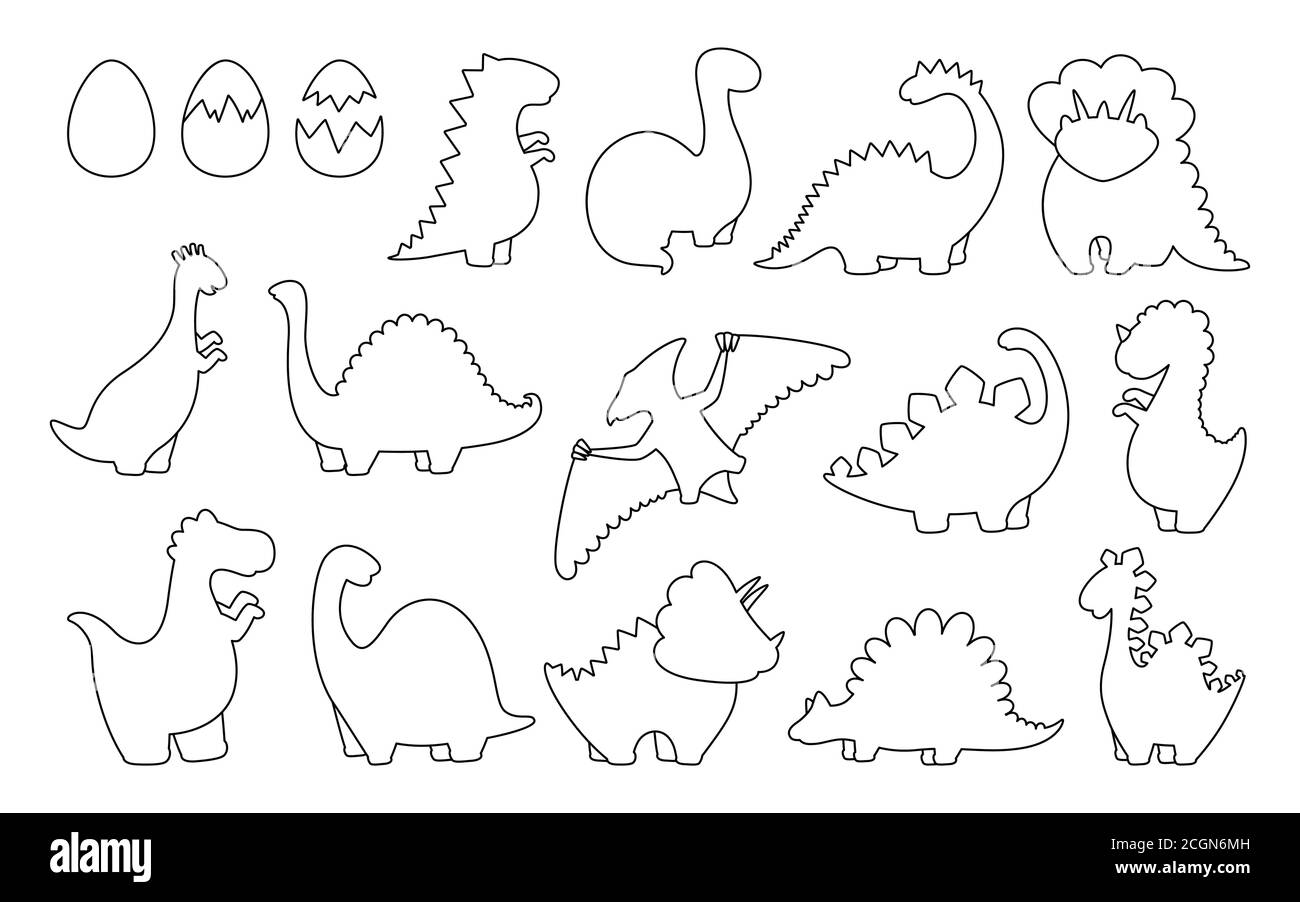 Ensemble de dessins animés à motif dinosaure. Collection de lignes de reptiles, prédateurs et ...