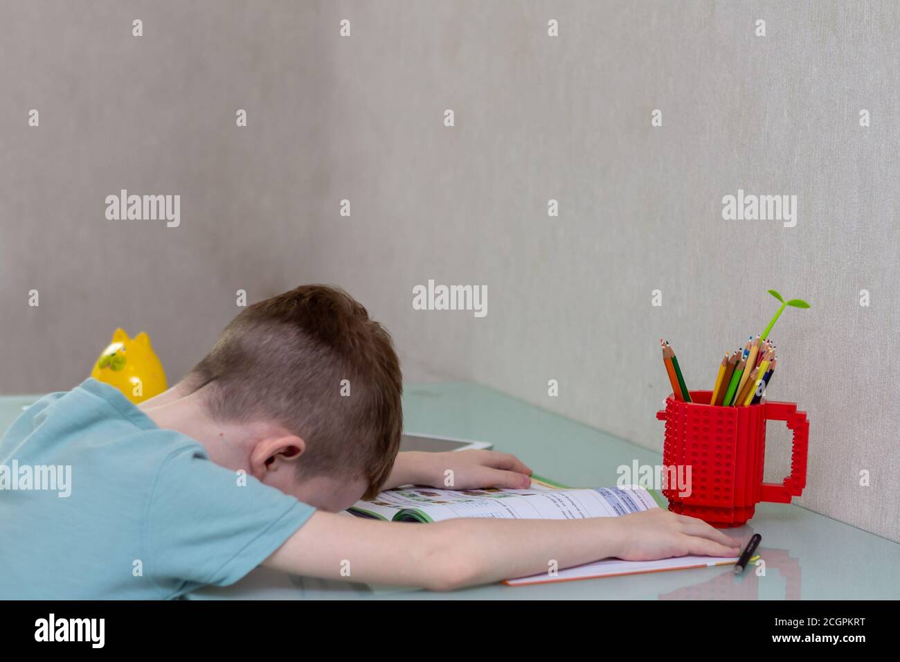 élève garçon fait l'école de devoirs Banque de photographies et d ...