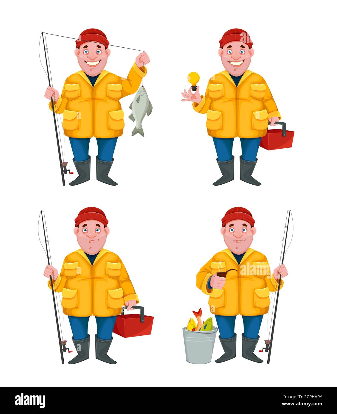 Pêcheur, personnage de dessin animé drôle, ensemble de quatre poses ...