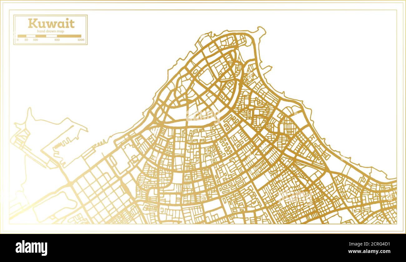 Carte de la ville du Koweït en style rétro en couleur dorée. Carte de ...