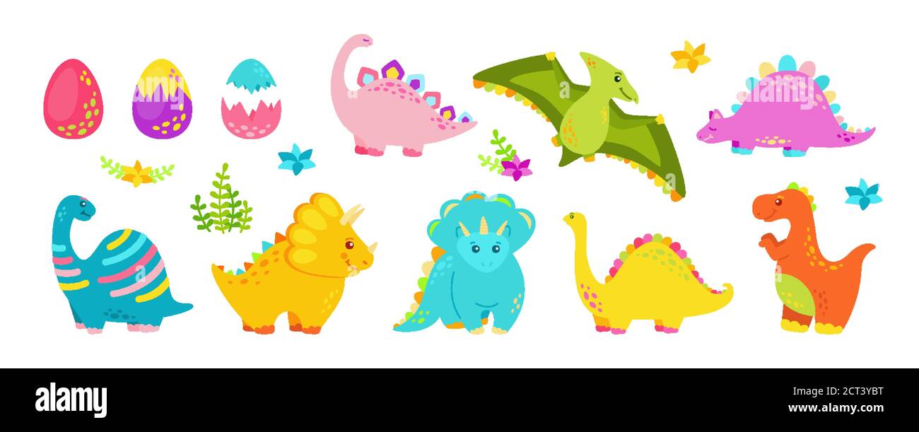 Ensemble plat de dinosaure. Collection de dessins animés de reptiles, prédateurs et herbivores ...
