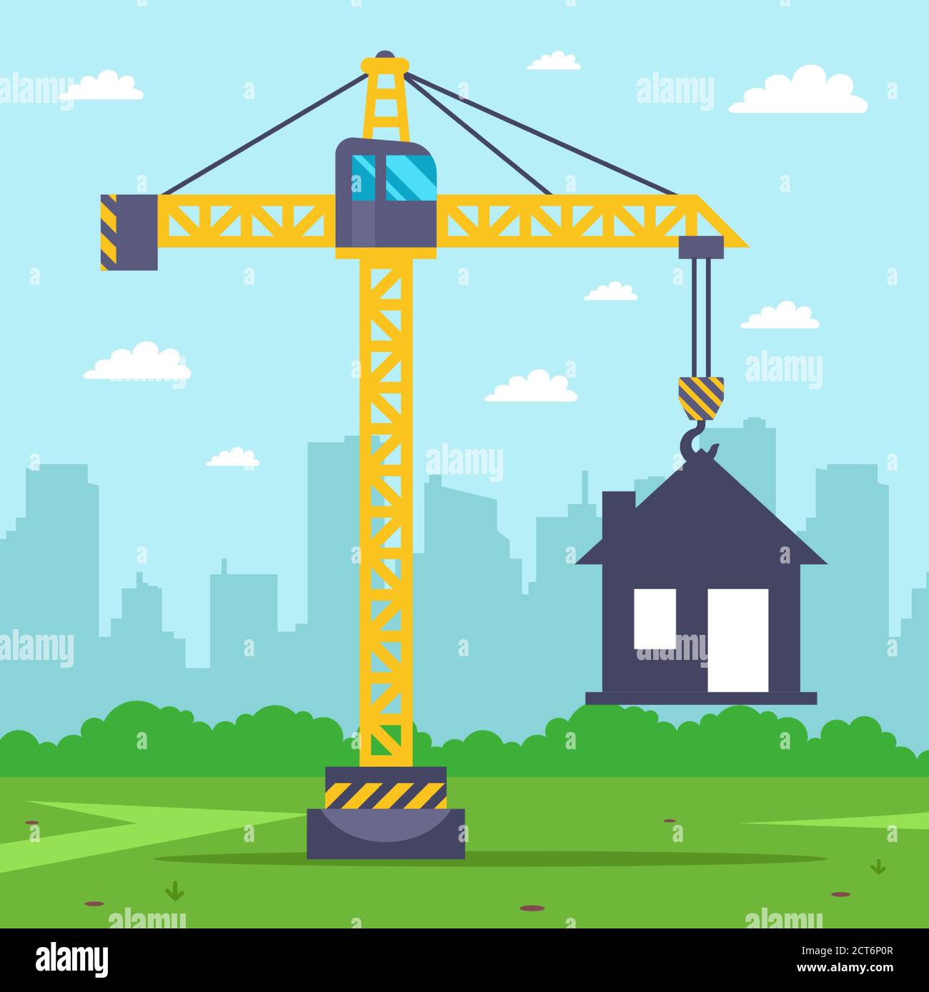 la grue de construction construit une maison de campagne. illustration ...