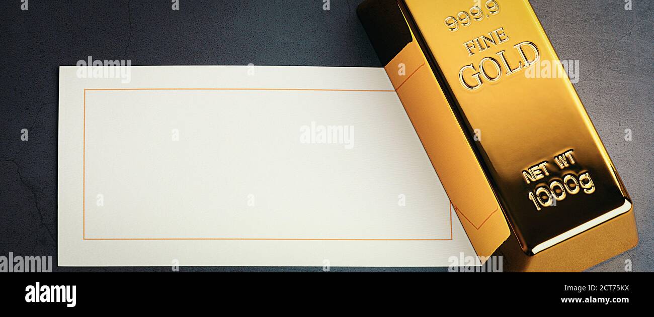 Un lingot de lingot doré métallisé scintillant sur un fond texturé gris ...