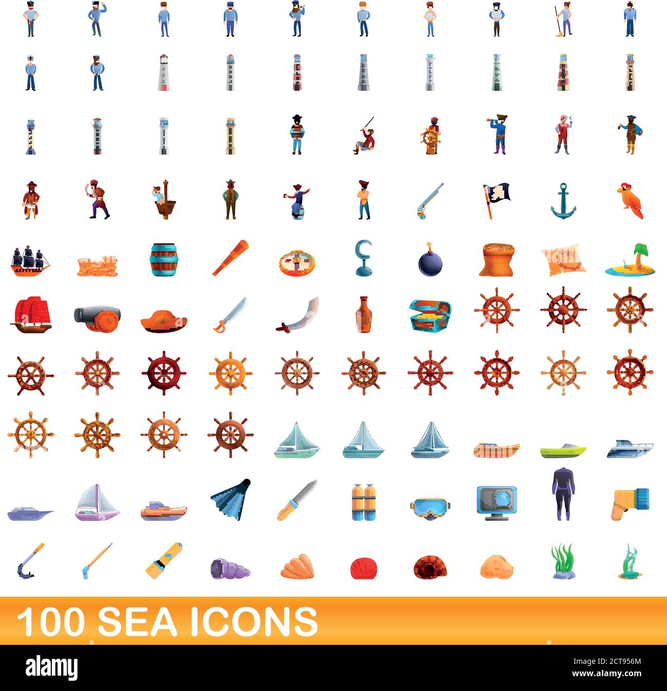 100 icônes de mer définies. Illustration de dessin animé de 100 icônes ...