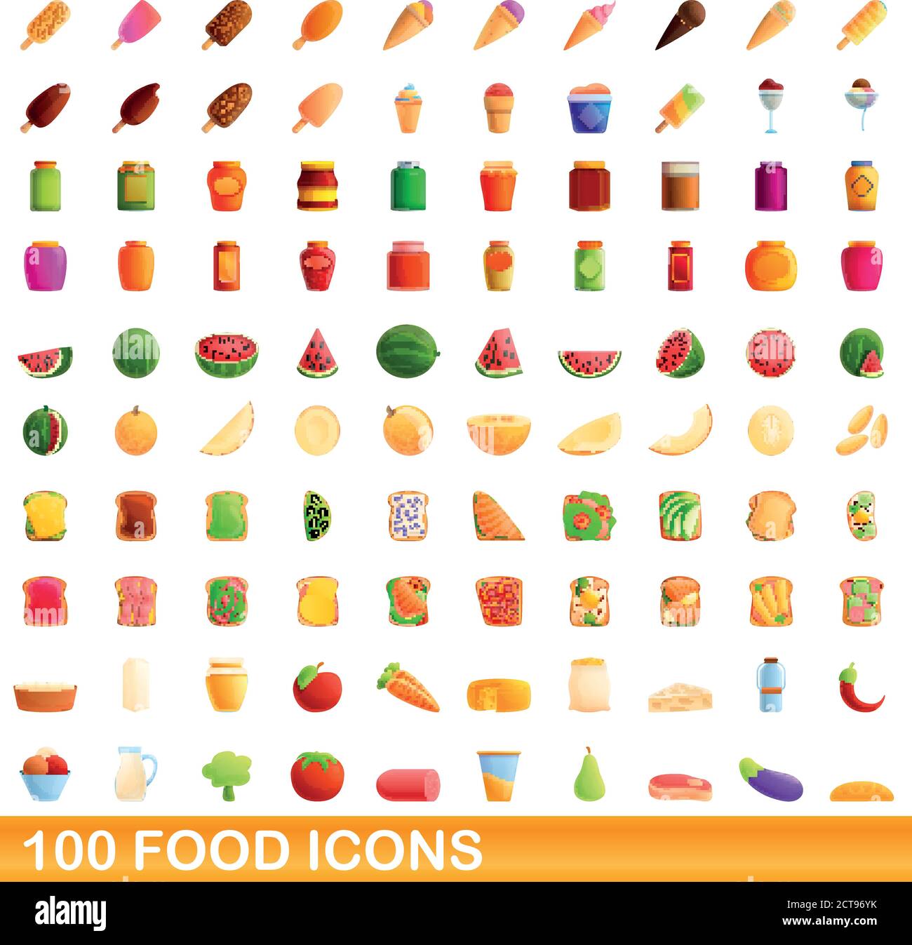 100 food icons set. Cartoon illustration de 100 icônes alimentaire ...