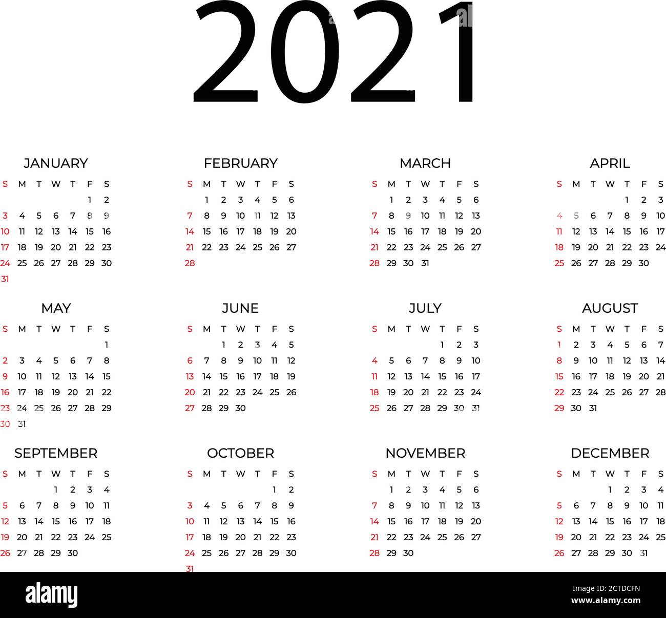 Calendrier 2021 à imprimer Banque d'images vectorielles - Alamy