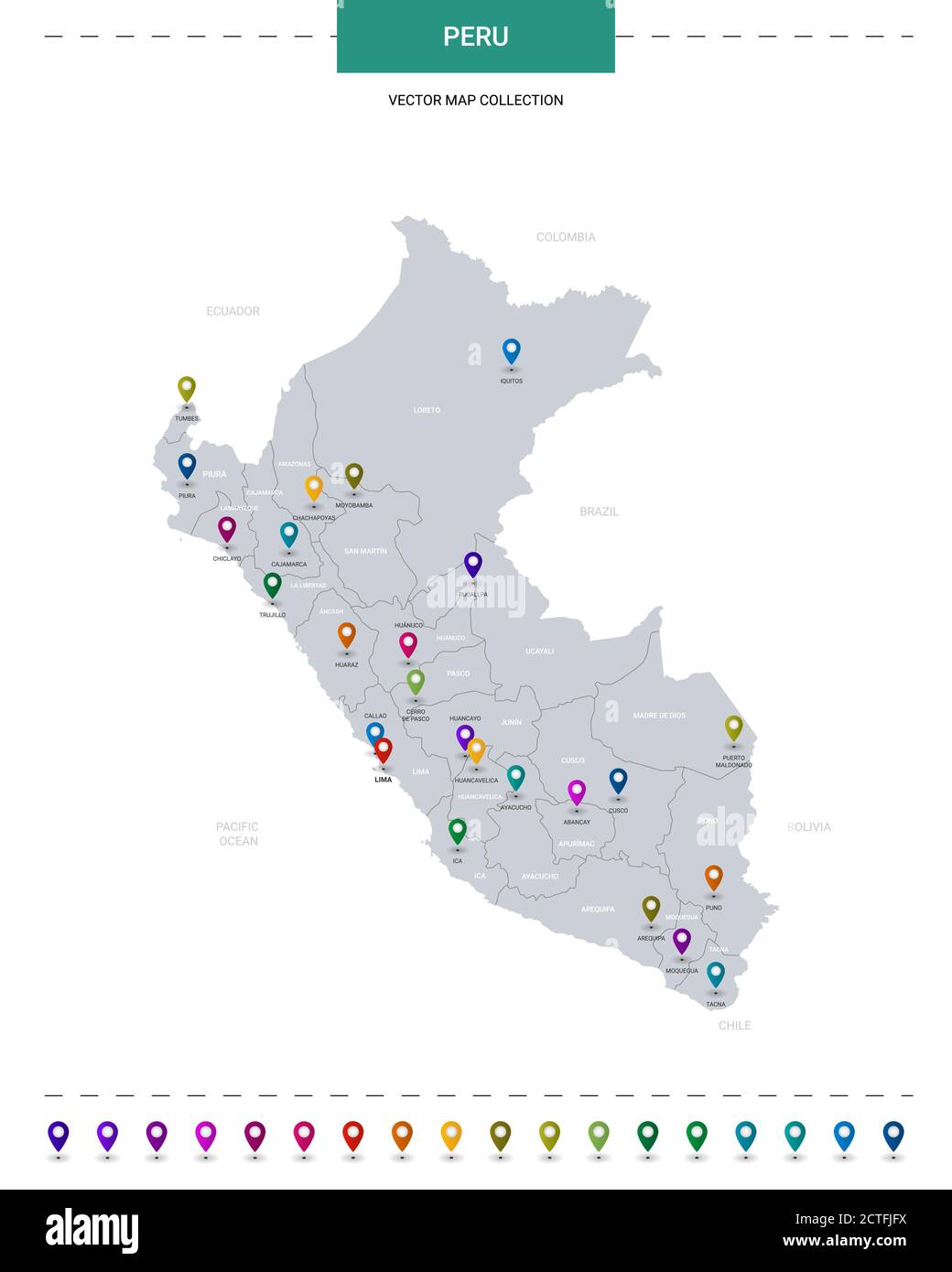 Carte du Pérou avec repères de localisation. Modèle vectoriel d ...