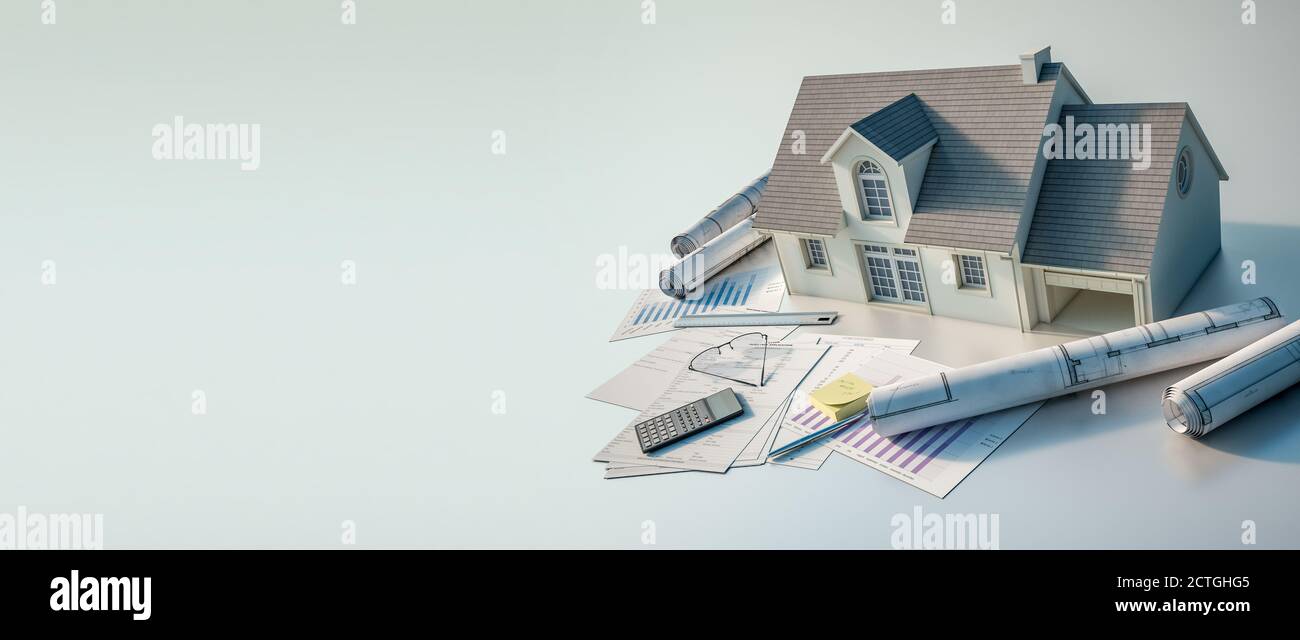Rendu 3D d'une maison avec des plans, des graphiques, un formulaire de ...