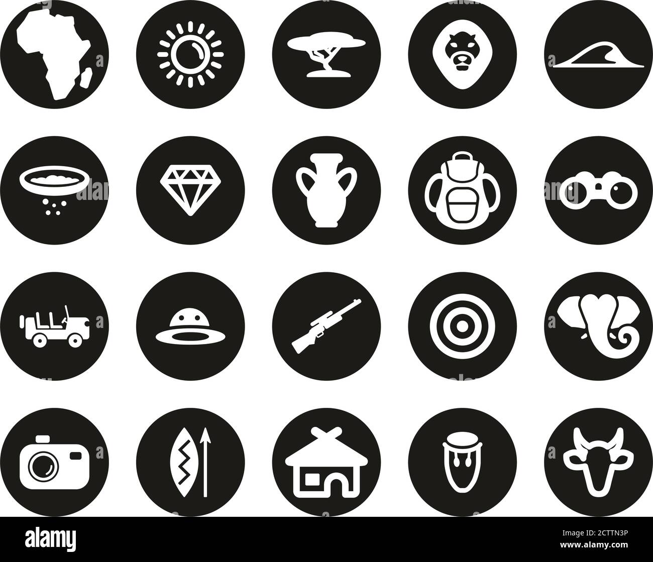 Afrique ou Culture africaine icônes blanc sur noir plat Design Ensemble ...