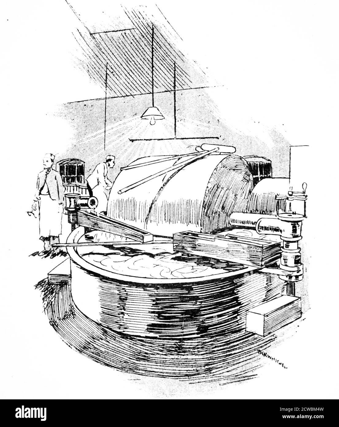 Gravure illustrant le processus de fabrication du papier : la machine à ...