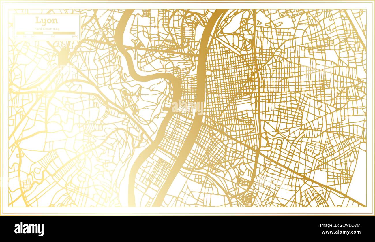 Lyon France carte de la ville en style rétro en couleur dorée. Carte de ...