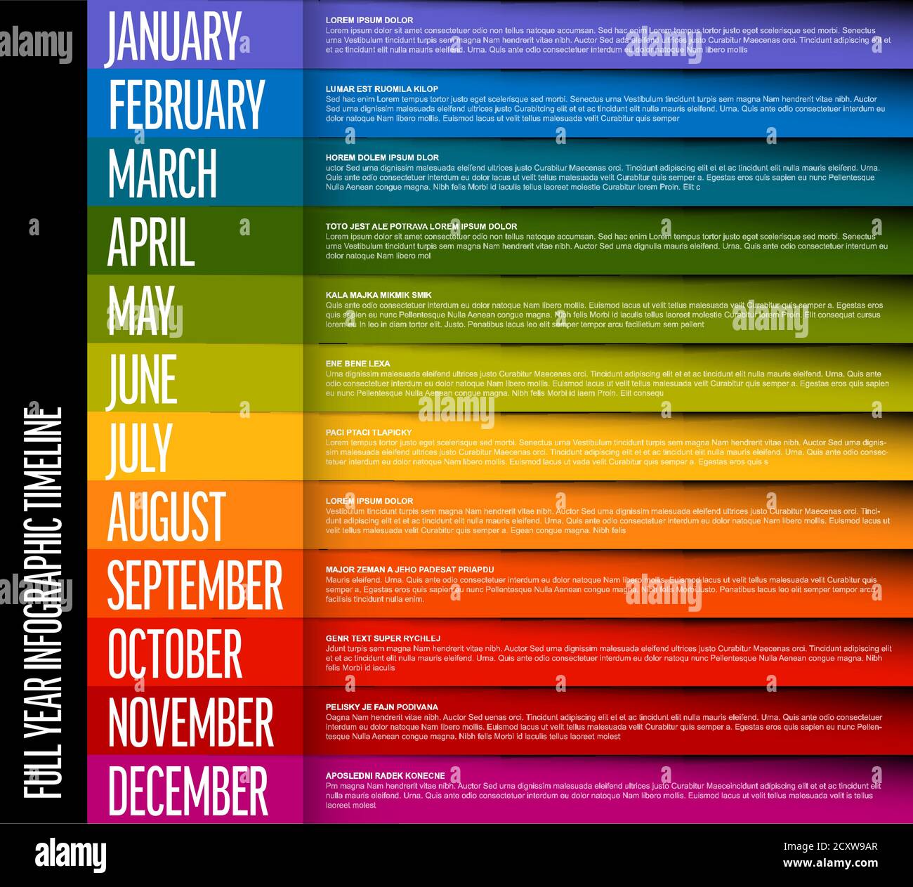 Modèle de calendrier de l'année complète avec tous les mois en couleur ...