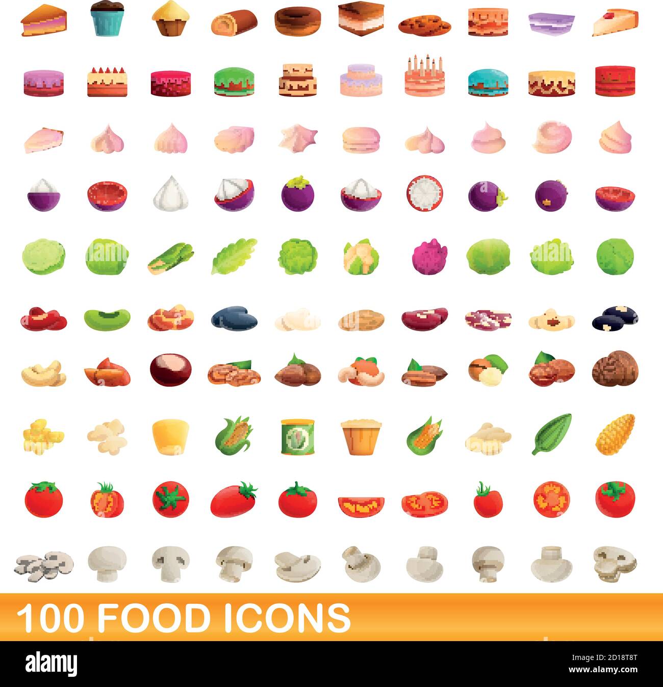 100 food icons set. Cartoon illustration de 100 icônes alimentaire ...
