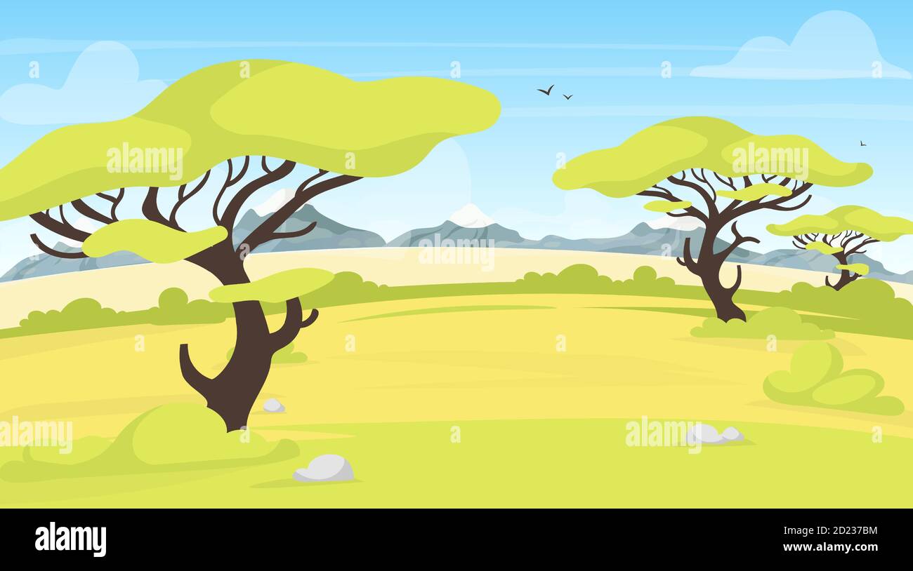 Illustration Safari paysage à vecteur plat. Scène extérieure africaine ...