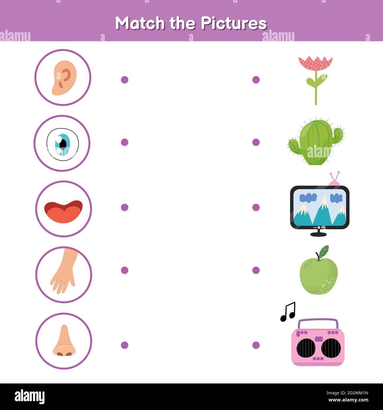 Jeu de cinq sens assorti pour les enfants. Vue, toucher, audition ...