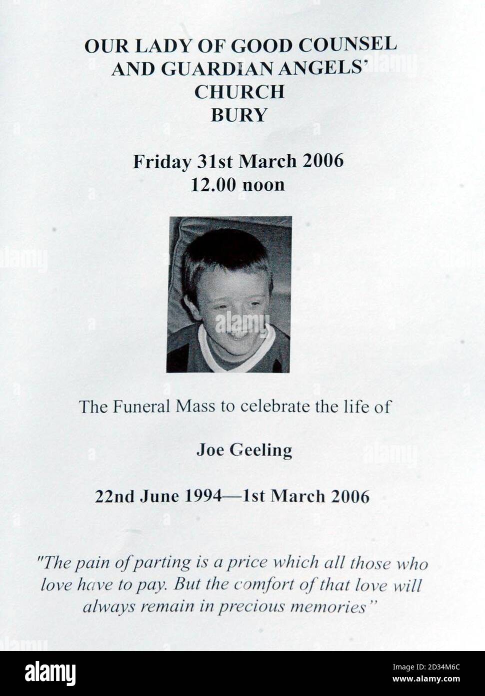 Ordre de service pour les funérailles du coobé Joe Geeling assassiné à ...