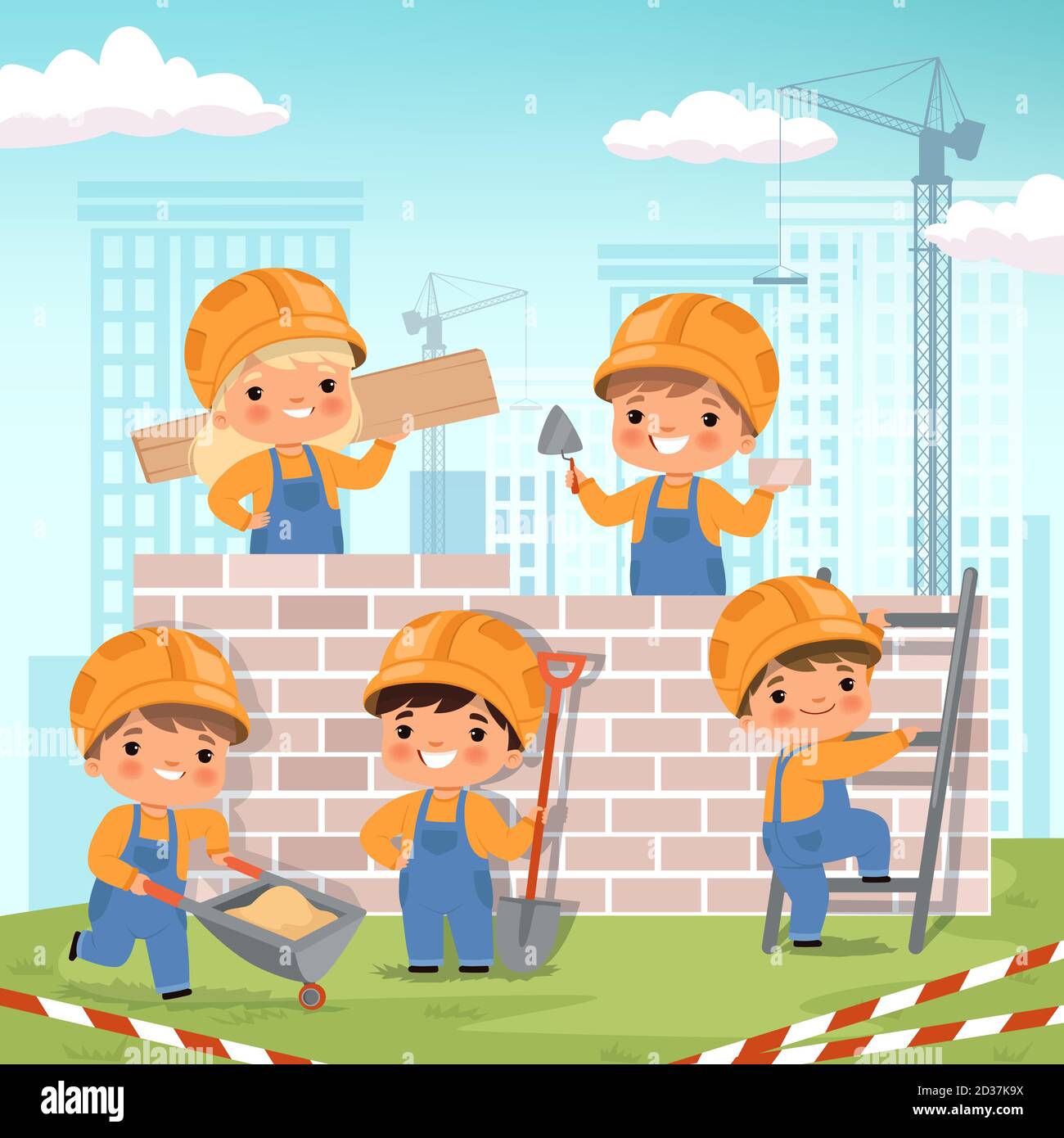 Arrière-plan de la construction. Les petits enfants font du travail à ...