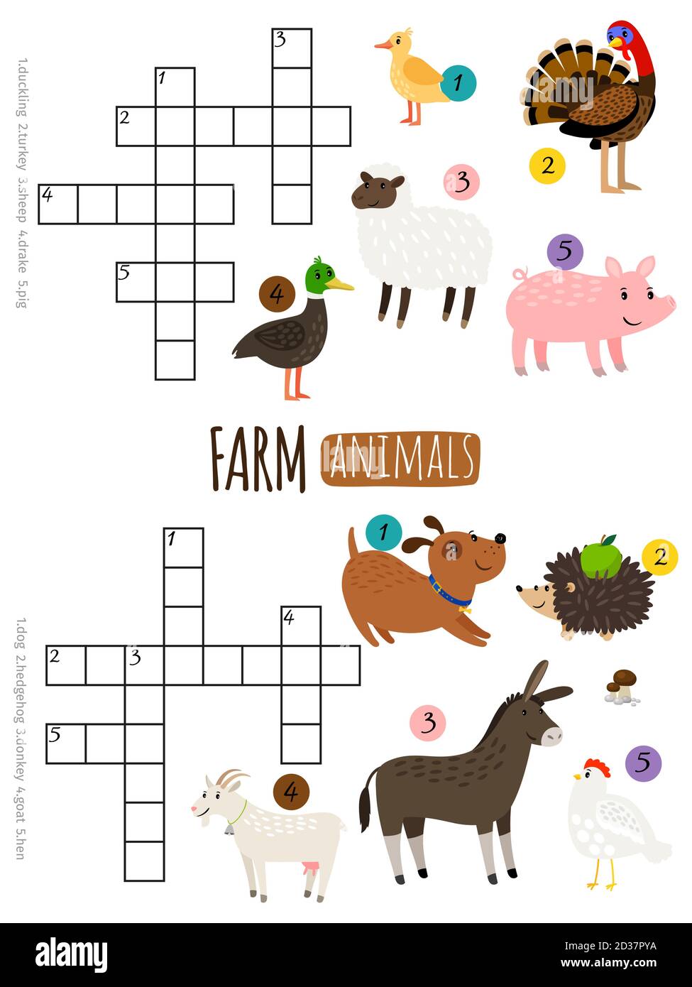 Mini mots croisés animaux de ferme pour illustrations vectorielles pour ...