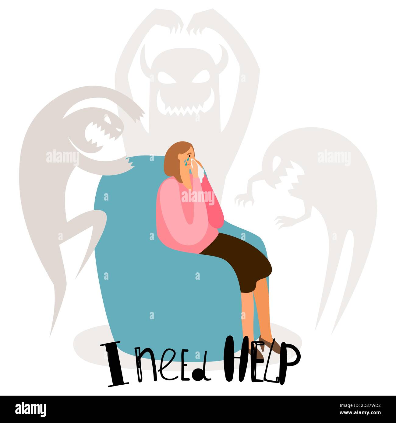 Problèmes psychologiques, troubles mentaux vecteur concept avec la femme pleurant et les ...