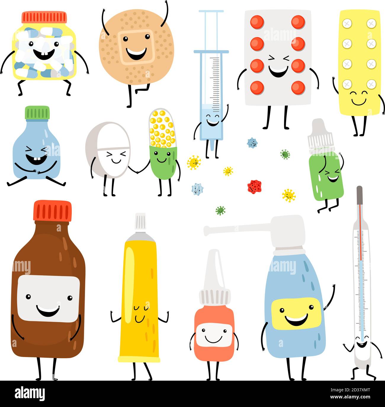 Médicaments amusants. Émoticônes de médecine sur les pilules blanches ...