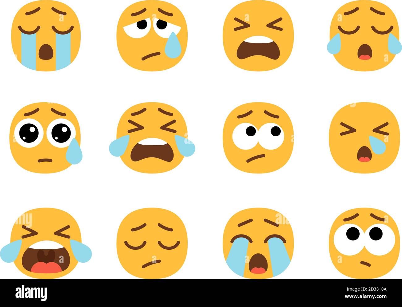 Visages émoji pleurs jaunes. Jeu de visages de cri, émoticônes de crier ...