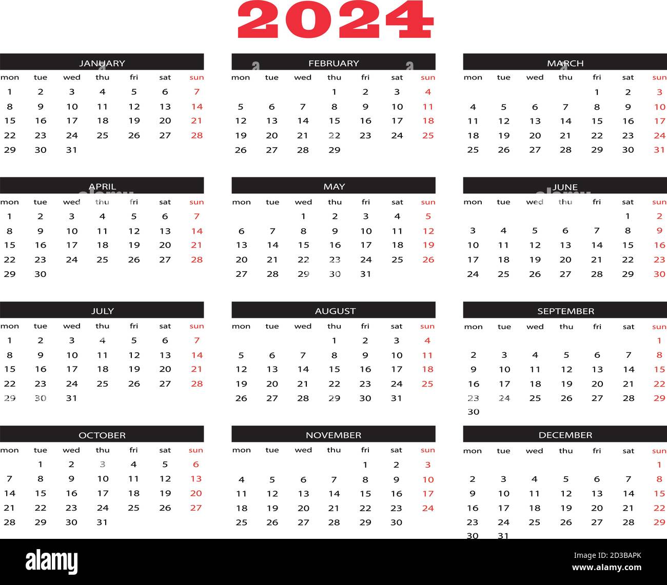 Calendar 2024 Banque d'images vectorielles - Alamy