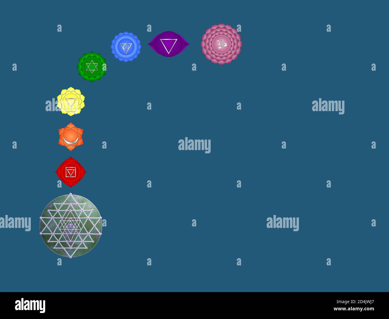 Arrière-plan spirituel avec chakras, silhouette humaine et géométrie ...
