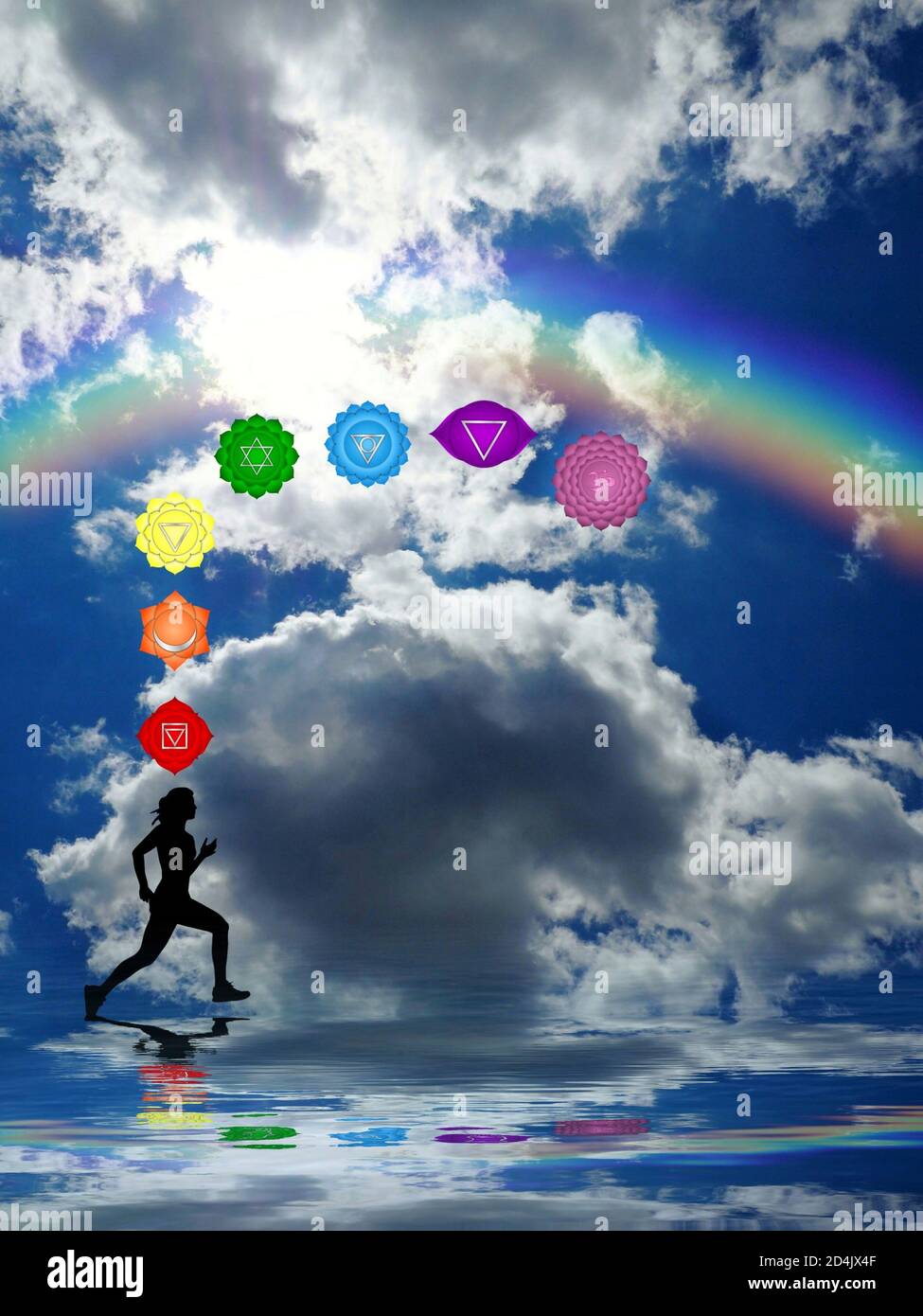 Arrière-plan spirituel avec chakras, silhouette humaine et géométrie ...