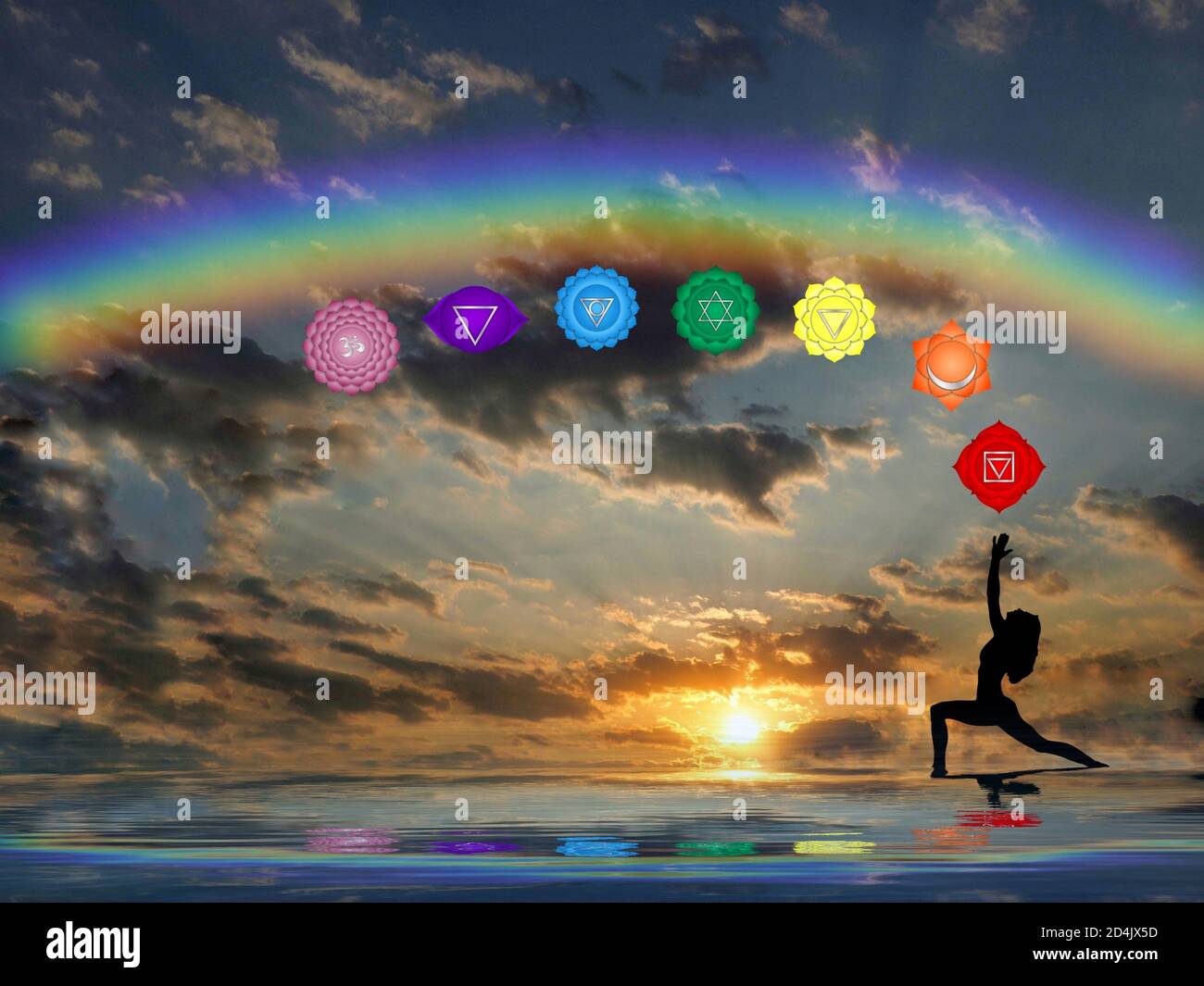 Arrière-plan spirituel avec chakras, silhouette humaine et géométrie ...