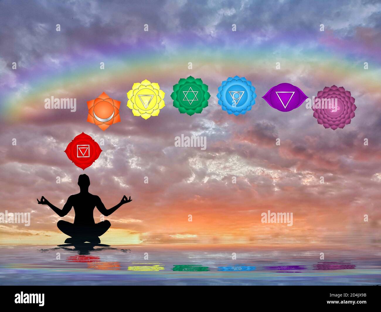 Arrière-plan spirituel avec chakras, silhouette humaine et géométrie ...