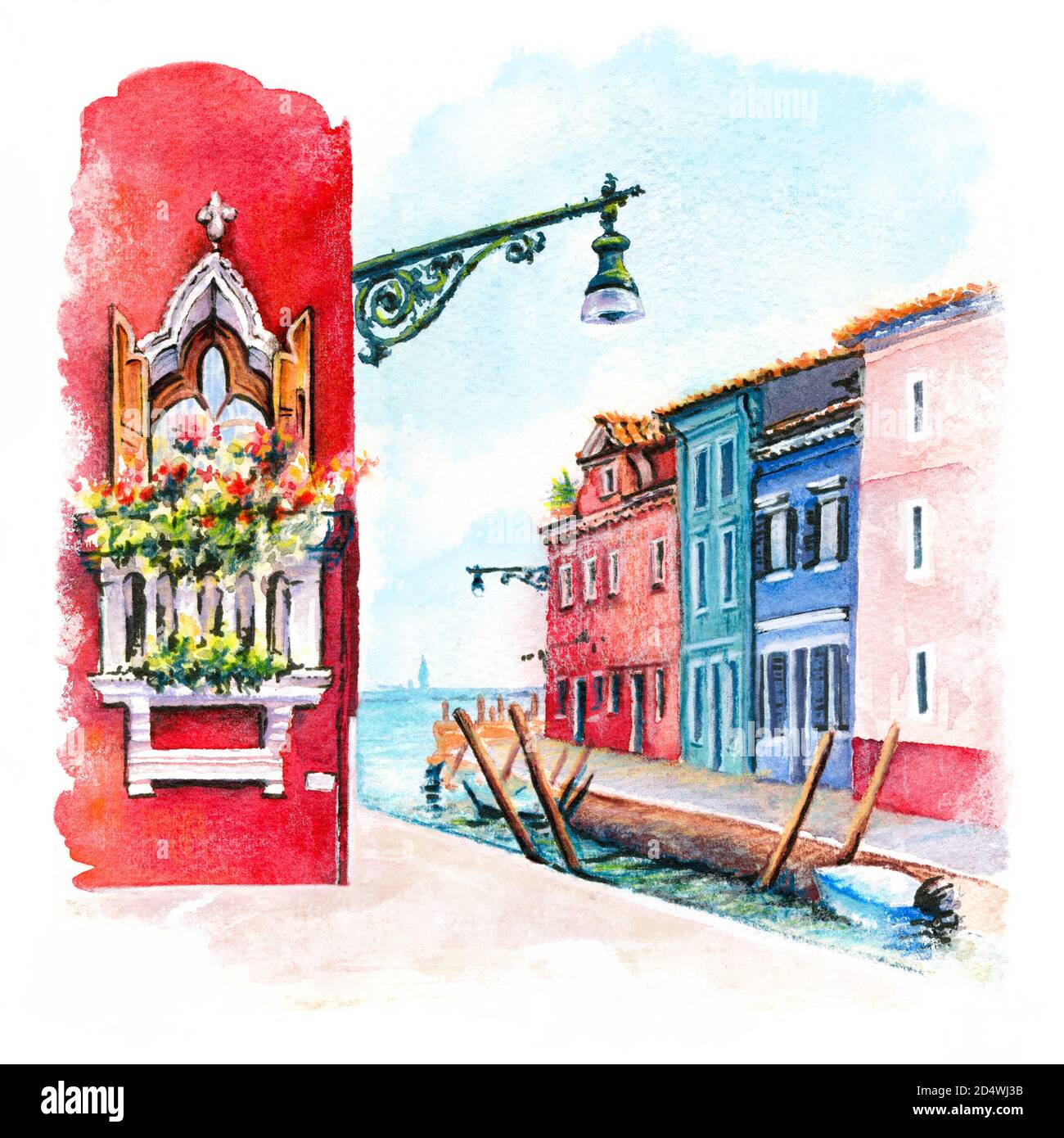 Canal et maisons lumineuses sur l'île de Burano, Venise, Italie. Dessin ...