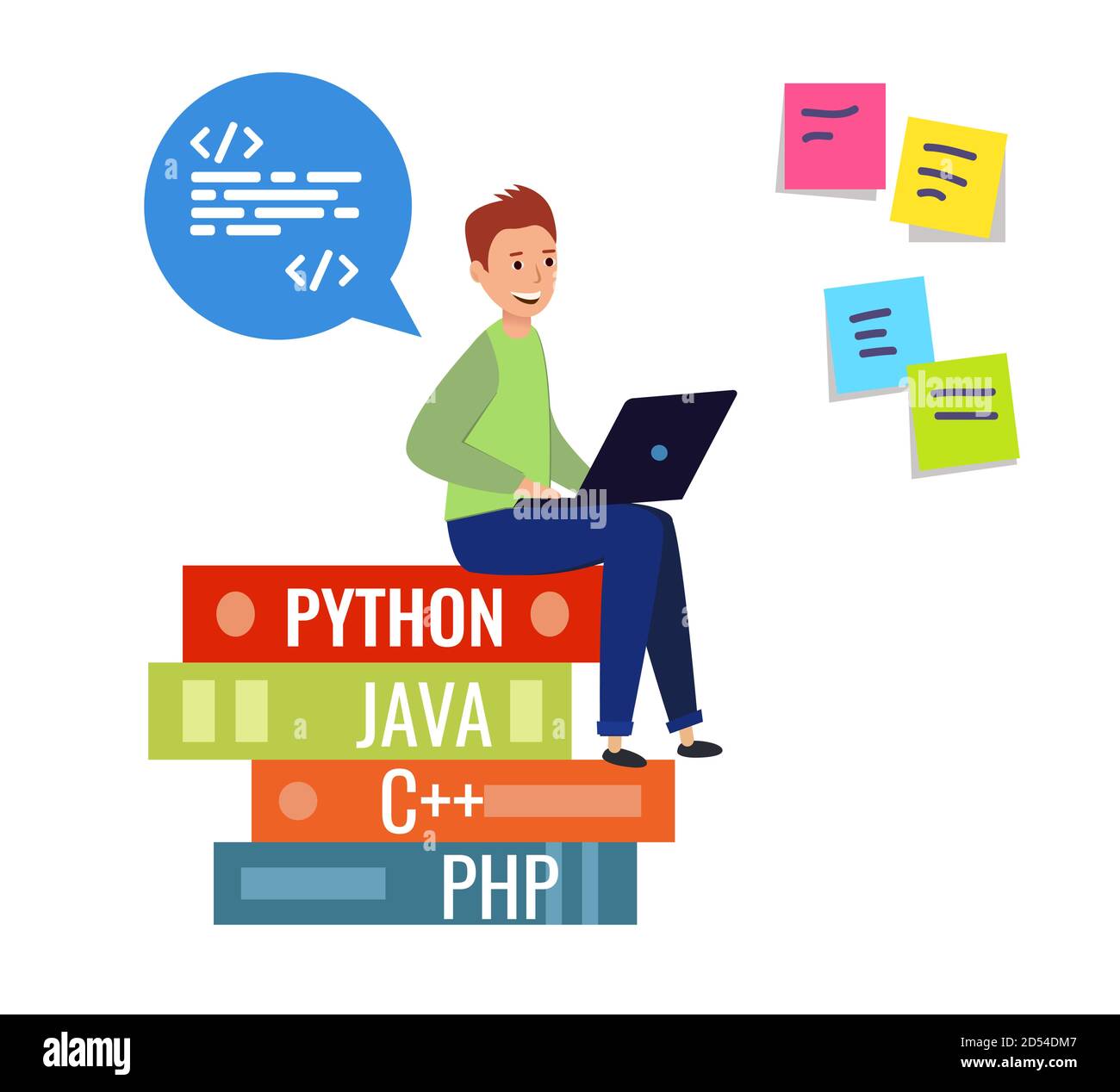 Le programmeur est assis sur une pile de livres pensant et travaillant ...