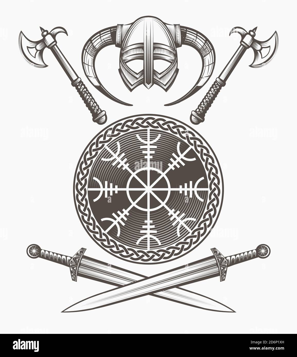 Ensemble d'armes Viking dessinées à la main. Bouclier de hache à épée ...