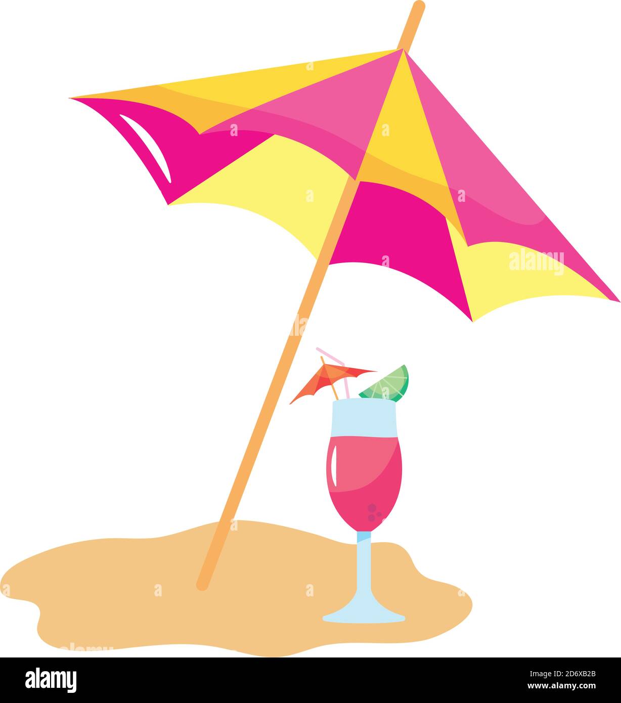 parasol et cocktail sur le sable sur fond blanc, style plat ...
