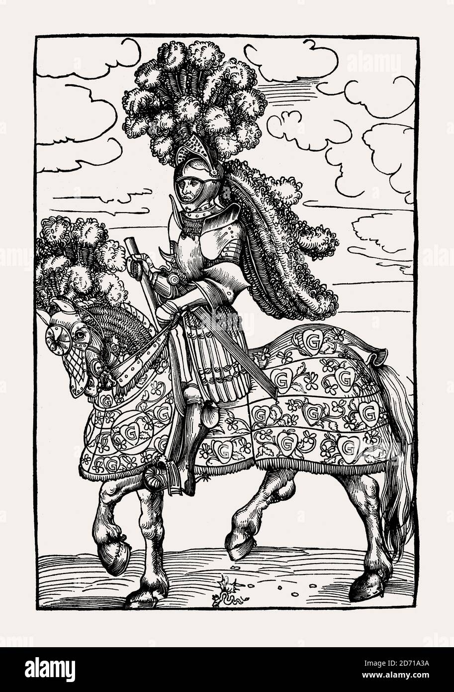 Un chevalier à cheval dans une armure de tournoi riche de Lucas Cranach ...