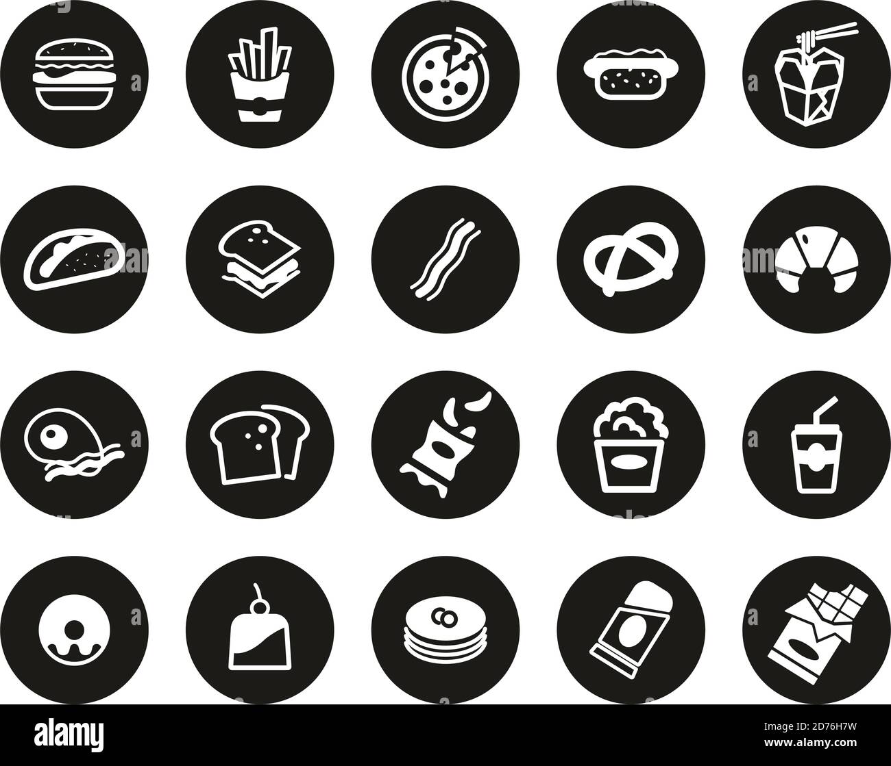 Fast Food ou Junk Food Icons blanc sur plat noir Design Circle Set Big ...
