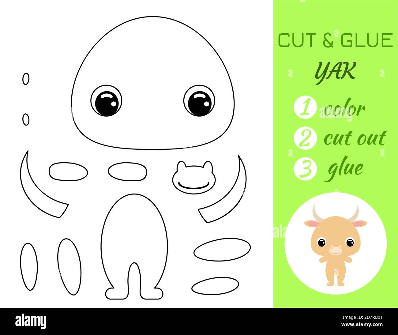 Livre de coloriage coupé et colle bébé yak. Jeu de papier éducatif pour ...