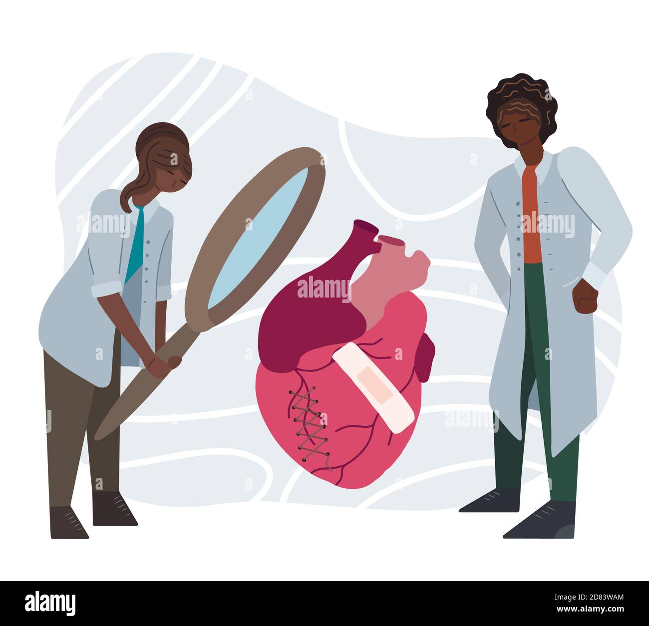 Illustration plate d'un couple de médecins africains examinant un coeur ...