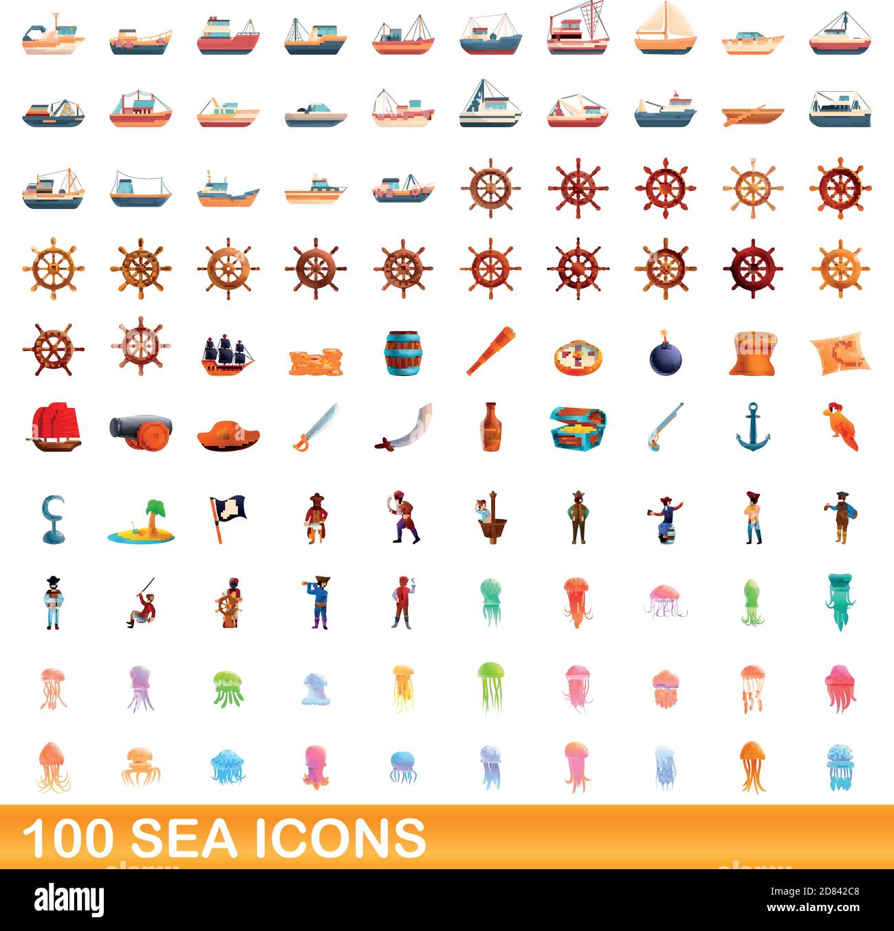 100 icônes de mer définies. Illustration de dessin animé de 100 icônes ...
