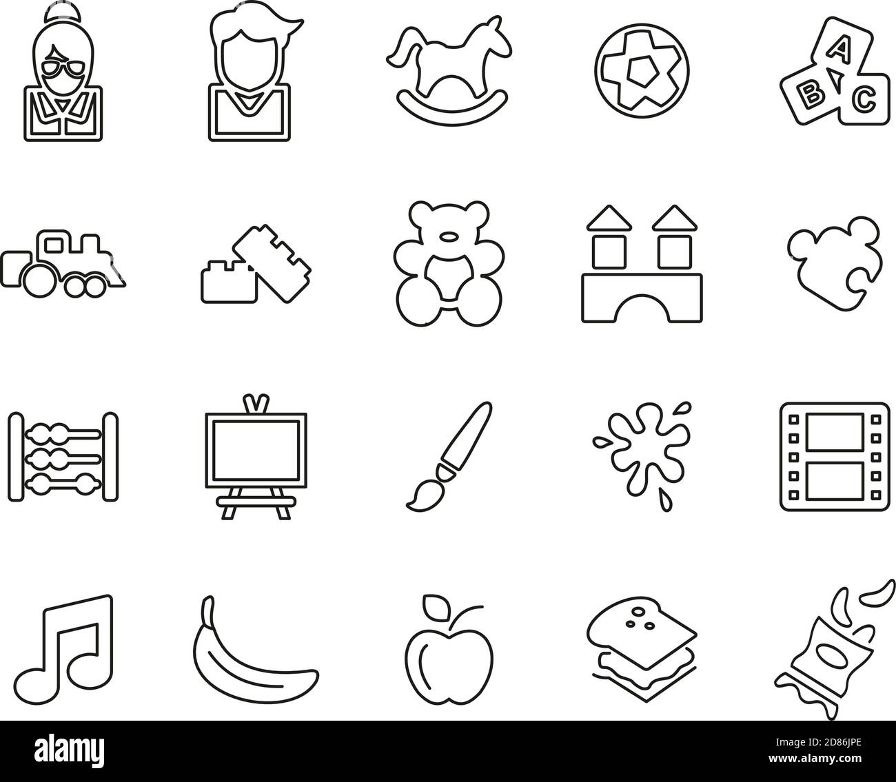 Icônes de jardin d'enfants ou de garderie ligne fine noir et blanc ...