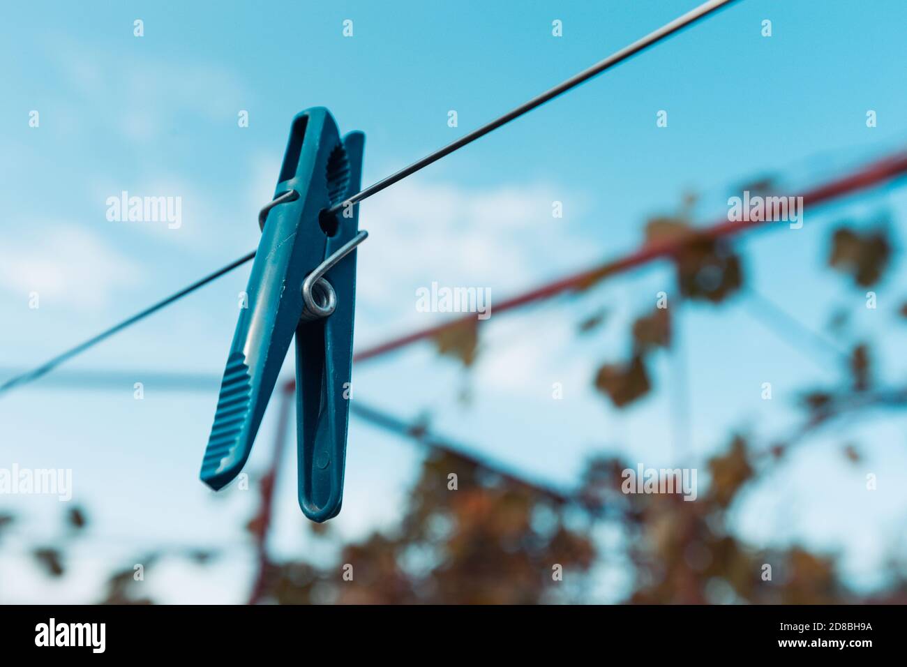 Corde à linge extérieure avec épingles à linge suspendues. Concept des ...