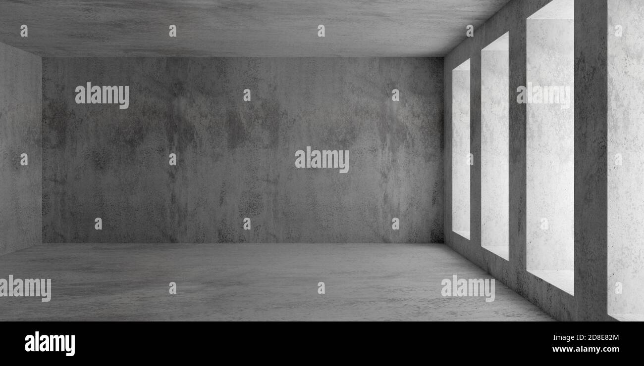 Salle en béton moderne et vide avec éclairage indirect des fenêtres ...