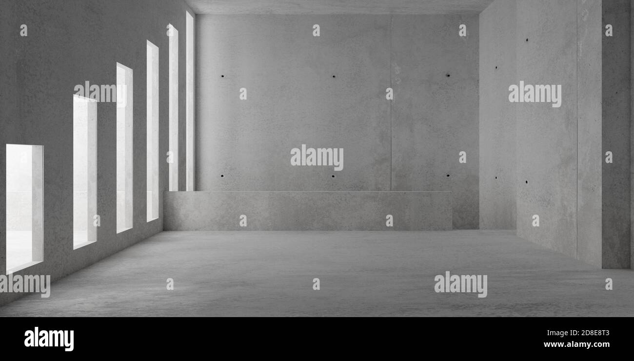 Salle en béton moderne et vide avec éclairage indirect des fenêtres ...